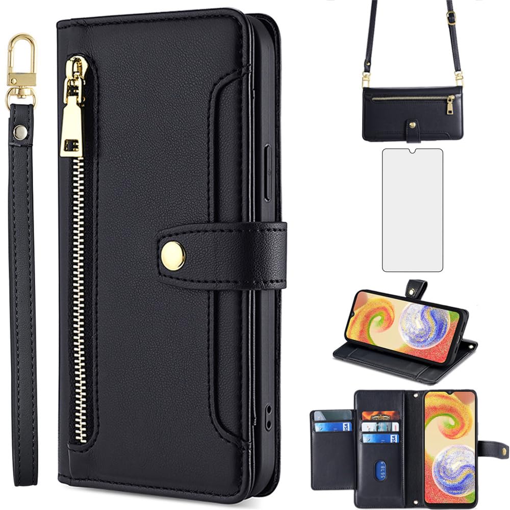Asuwish Phone Case for Samsung Galaxy A04 Wallet Cover and Tempered Glass Screen Protector Zipper Card Holder Slot Stand Magnetic Leather Cell Accessories Flip Protective Ao4 A 04 4G Women Men Black