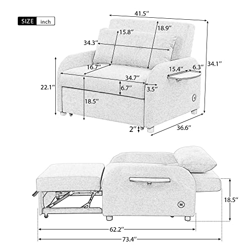FULife 3-in-1 Convertible Sofa Couch with Pull-Out Sleeper,Adjustable Recliner Loveseat Futon Sofá Chair w/2 Wing Table,Side Pocket&USB Charge,Small 2 Seaters Love Seat Lounge Couch for Living Room