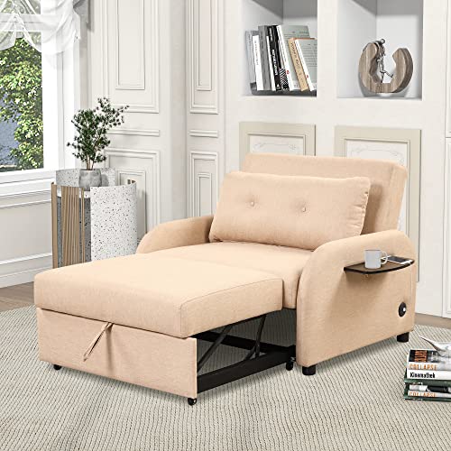 FULife 3-in-1 Convertible Sofa Couch with Pull-Out Sleeper,Adjustable Recliner Loveseat Futon Sofá Chair w/2 Wing Table,Side Pocket&USB Charge,Small 2 Seaters Love Seat Lounge Couch for Living Room