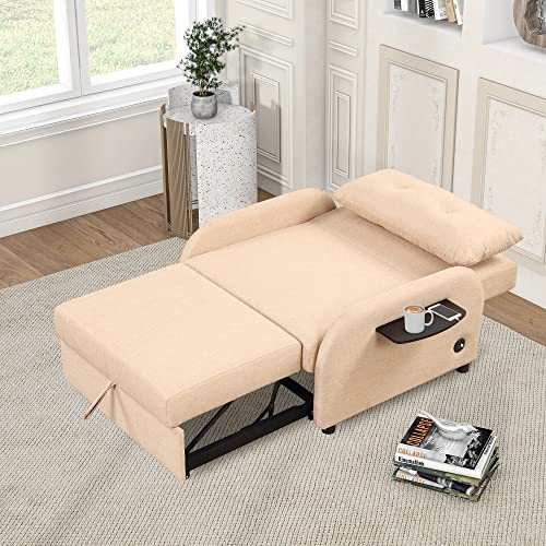 FULife 3-in-1 Convertible Sofa Couch with Pull-Out Sleeper,Adjustable Recliner Loveseat Futon Sofá Chair w/2 Wing Table,Side Pocket&USB Charge,Small 2 Seaters Love Seat Lounge Couch for Living Room