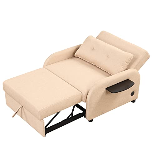 FULife 3-in-1 Convertible Sofa Couch with Pull-Out Sleeper,Adjustable Recliner Loveseat Futon Sofá Chair w/2 Wing Table,Side Pocket&USB Charge,Small 2 Seaters Love Seat Lounge Couch for Living Room