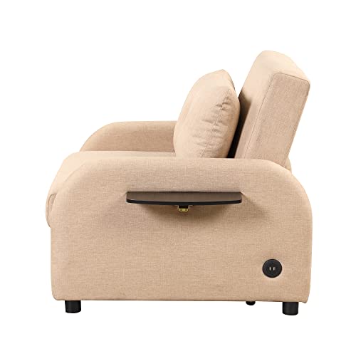 FULife 3-in-1 Convertible Sofa Couch with Pull-Out Sleeper,Adjustable Recliner Loveseat Futon Sofá Chair w/2 Wing Table,Side Pocket&USB Charge,Small 2 Seaters Love Seat Lounge Couch for Living Room