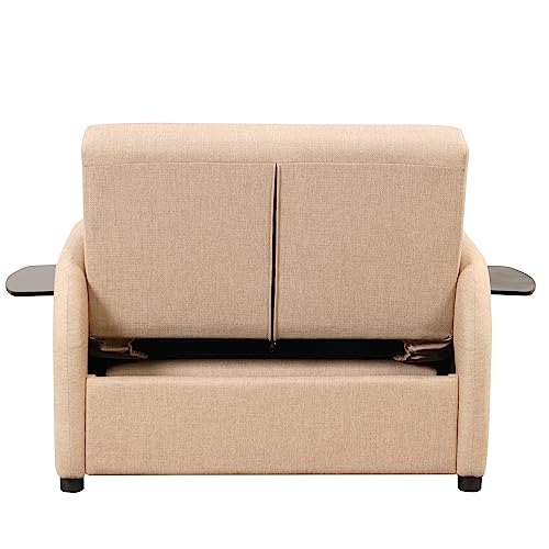 FULife 3-in-1 Convertible Sofa Couch with Pull-Out Sleeper,Adjustable Recliner Loveseat Futon Sofá Chair w/2 Wing Table,Side Pocket&USB Charge,Small 2 Seaters Love Seat Lounge Couch for Living Room