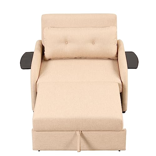 FULife 3-in-1 Convertible Sofa Couch with Pull-Out Sleeper,Adjustable Recliner Loveseat Futon Sofá Chair w/2 Wing Table,Side Pocket&USB Charge,Small 2 Seaters Love Seat Lounge Couch for Living Room