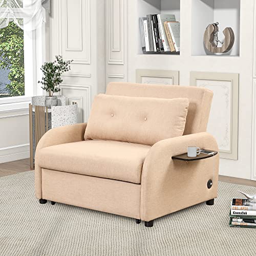 FULife 3-in-1 Convertible Sofa Couch with Pull-Out Sleeper,Adjustable Recliner Loveseat Futon Sofá Chair w/2 Wing Table,Side Pocket&USB Charge,Small 2 Seaters Love Seat Lounge Couch for Living Room