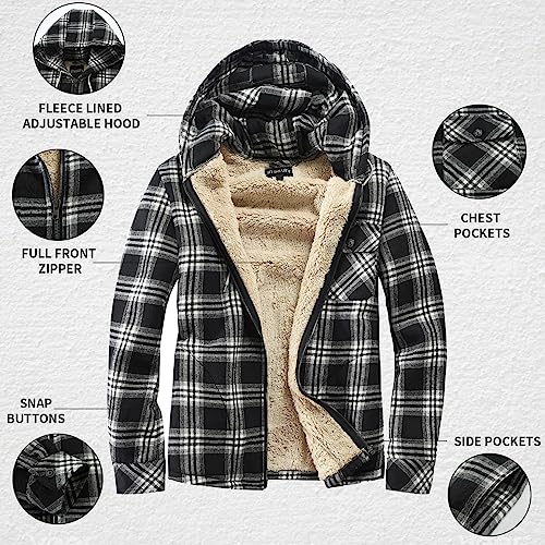 Elesuit Men's Flannel Shirt Jacket Fleece Lined Plaid Coat Full Zip Up Hoodie Winter Outwear Black X-Large