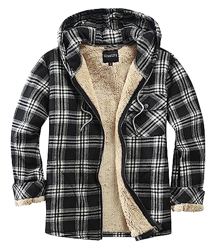 Elesuit Men's Flannel Shirt Jacket Fleece Lined Plaid Coat Full Zip Up Hoodie Winter Outwear Black X-Large
