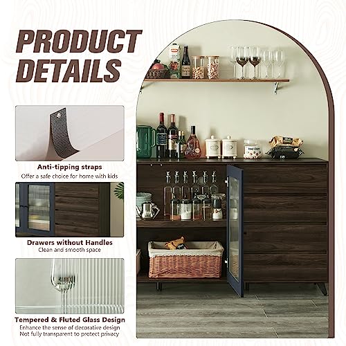 worldchoice Sideboard Buffet Cabinet 63" Wine Bar Cabinet with 4 Drawers & 2 Tempered Glass Doors Coffee Bar Cabinet Console Cabinet with Adjustable Shelf for Living Room Dining Room Kitchen, Grey