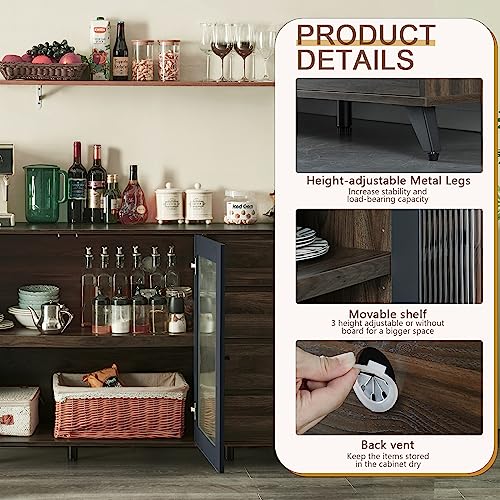 worldchoice Sideboard Buffet Cabinet 63" Wine Bar Cabinet with 4 Drawers & 2 Tempered Glass Doors Coffee Bar Cabinet Console Cabinet with Adjustable Shelf for Living Room Dining Room Kitchen, Grey