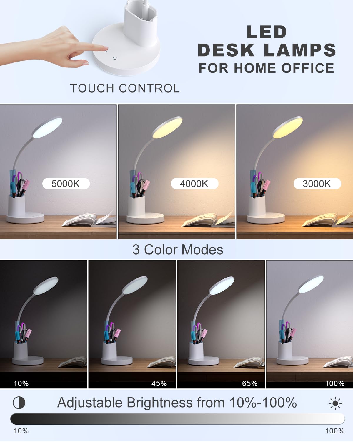 Sailstar Small Desk Lamp, LED Desk Lamps for Home Office, Eye-Caring Study Desk Light for Kids, Touch, 3 Lighting Modes, Adjust Brightness, 800LM, 360°Gooseneck Desk Lamp for College Dorm Room, White
