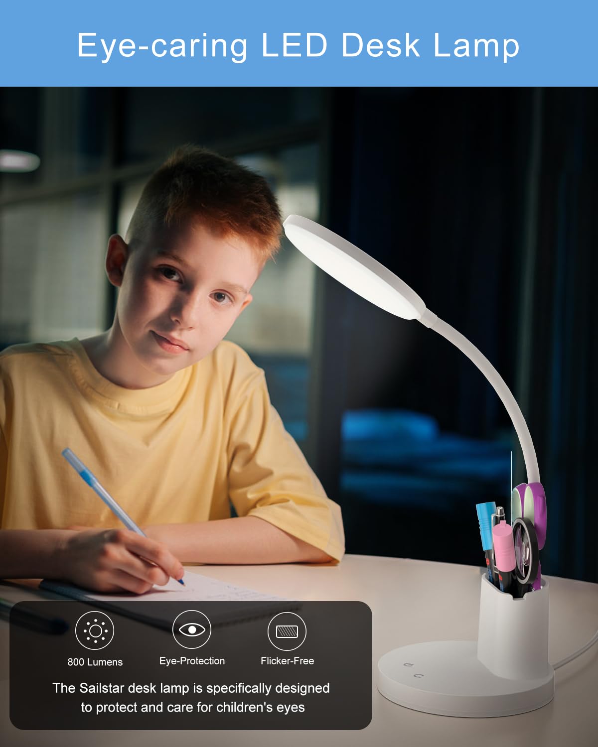 Sailstar Small Desk Lamp, LED Desk Lamps for Home Office, Eye-Caring Study Desk Light for Kids, Touch, 3 Lighting Modes, Adjust Brightness, 800LM, 360°Gooseneck Desk Lamp for College Dorm Room, White