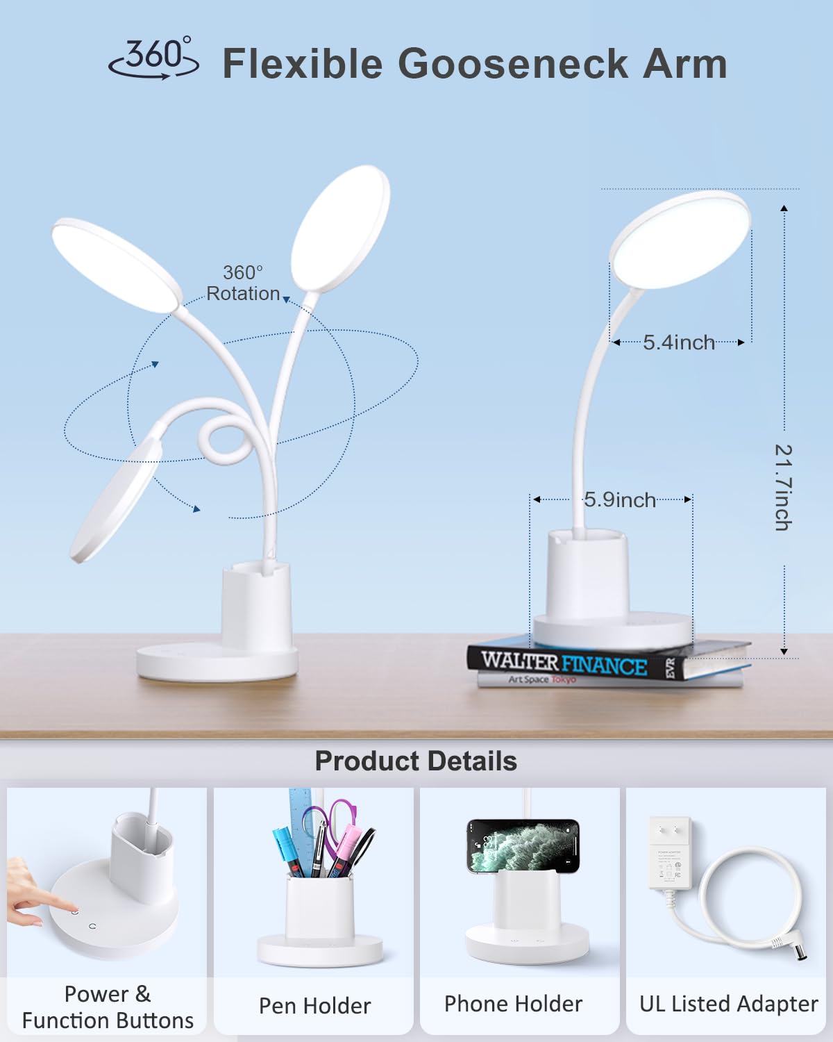 Sailstar Small Desk Lamp, LED Desk Lamps for Home Office, Eye-Caring Study Desk Light for Kids, Touch, 3 Lighting Modes, Adjust Brightness, 800LM, 360°Gooseneck Desk Lamp for College Dorm Room, White