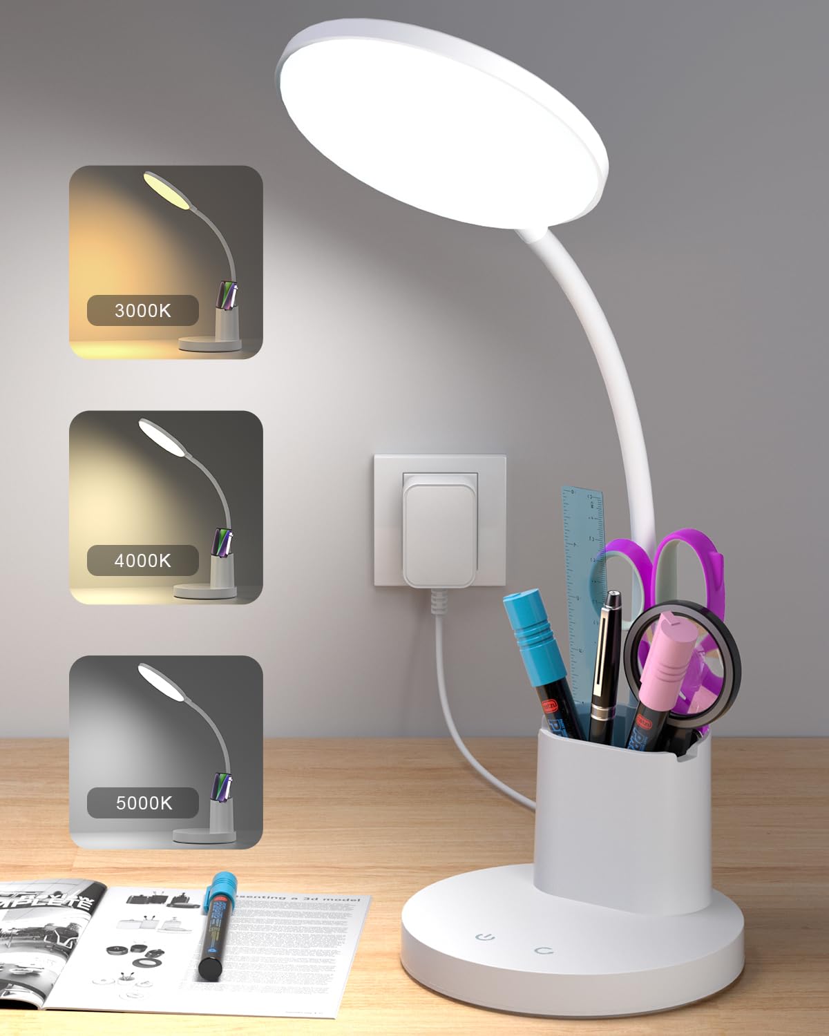 Sailstar Small Desk Lamp, LED Desk Lamps for Home Office, Eye-Caring Study Desk Light for Kids, Touch, 3 Lighting Modes, Adjust Brightness, 800LM, 360°Gooseneck Desk Lamp for College Dorm Room, White