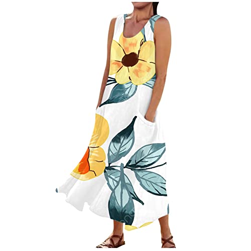 Sundresses for Women with Pockets Sleeveless O-Neck Dresses Floral Print Fashion Club Mixi Sundress Yellow Medium