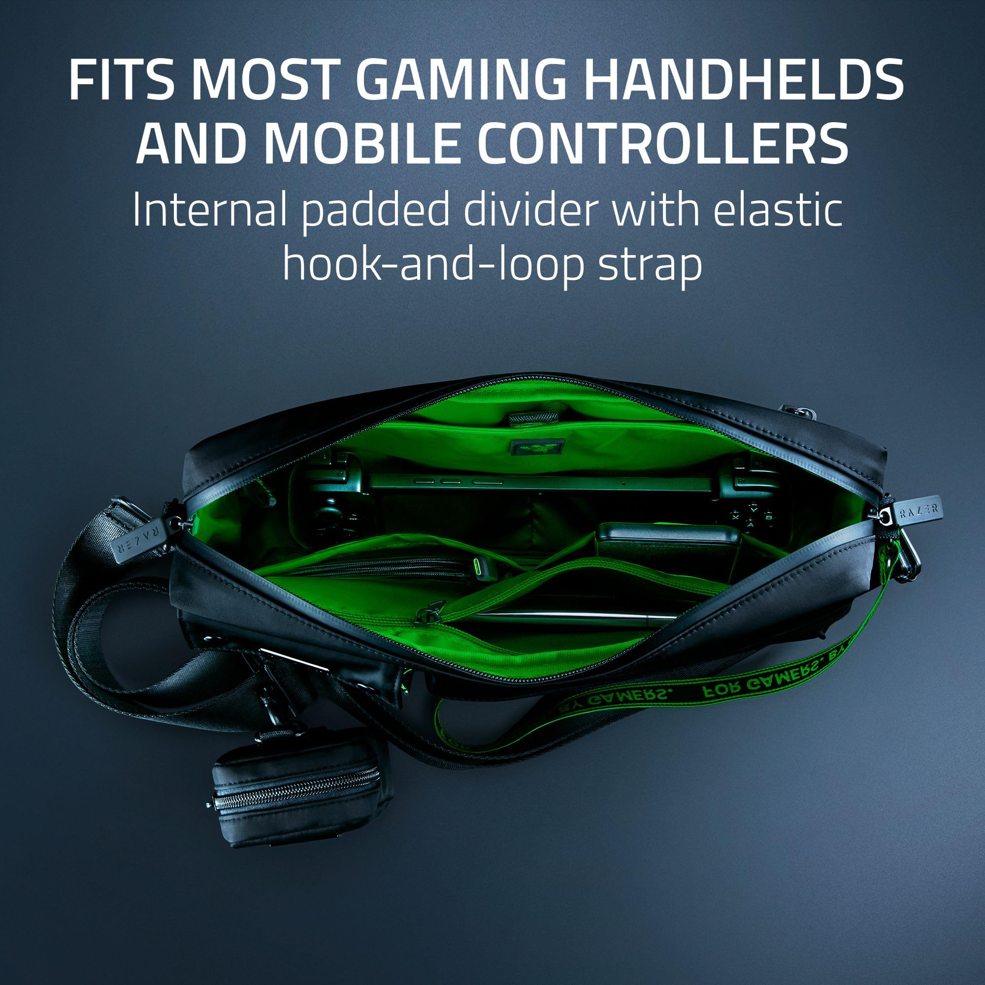 Razer Xanthus Crossbody Bag: Fits Kishi, Steam Deck, Nintendo Switch - Water-Repellent Nylon - Detachable Earphones Mini Pouch - 3 external & 3 internal pockets - Detachable Shoulder Strap