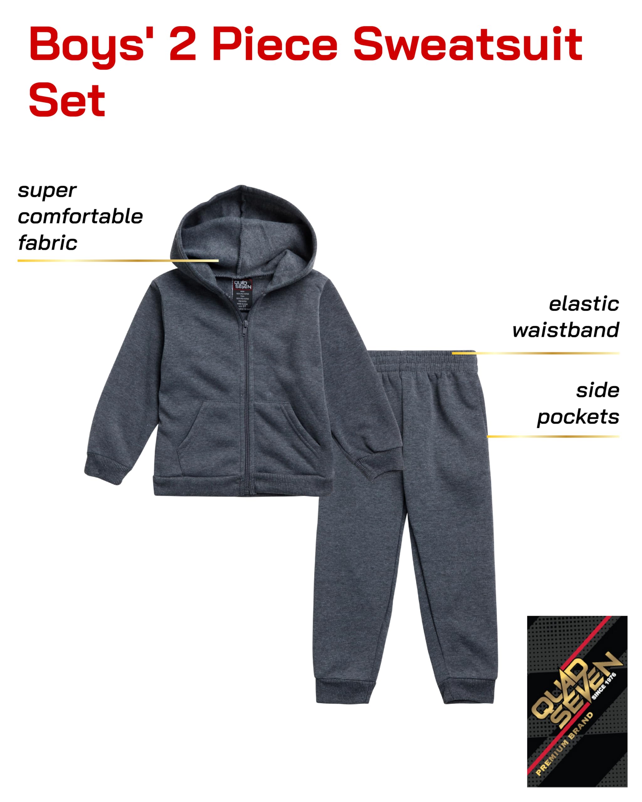 Quad Seven Boys' Active Sweatsuit - 2 Piece Fleece Zip Hoodie Sweatshirt and Sweatpants - Basic Solid Jogger Pants Set (2T-7), Size 7, Charcoal