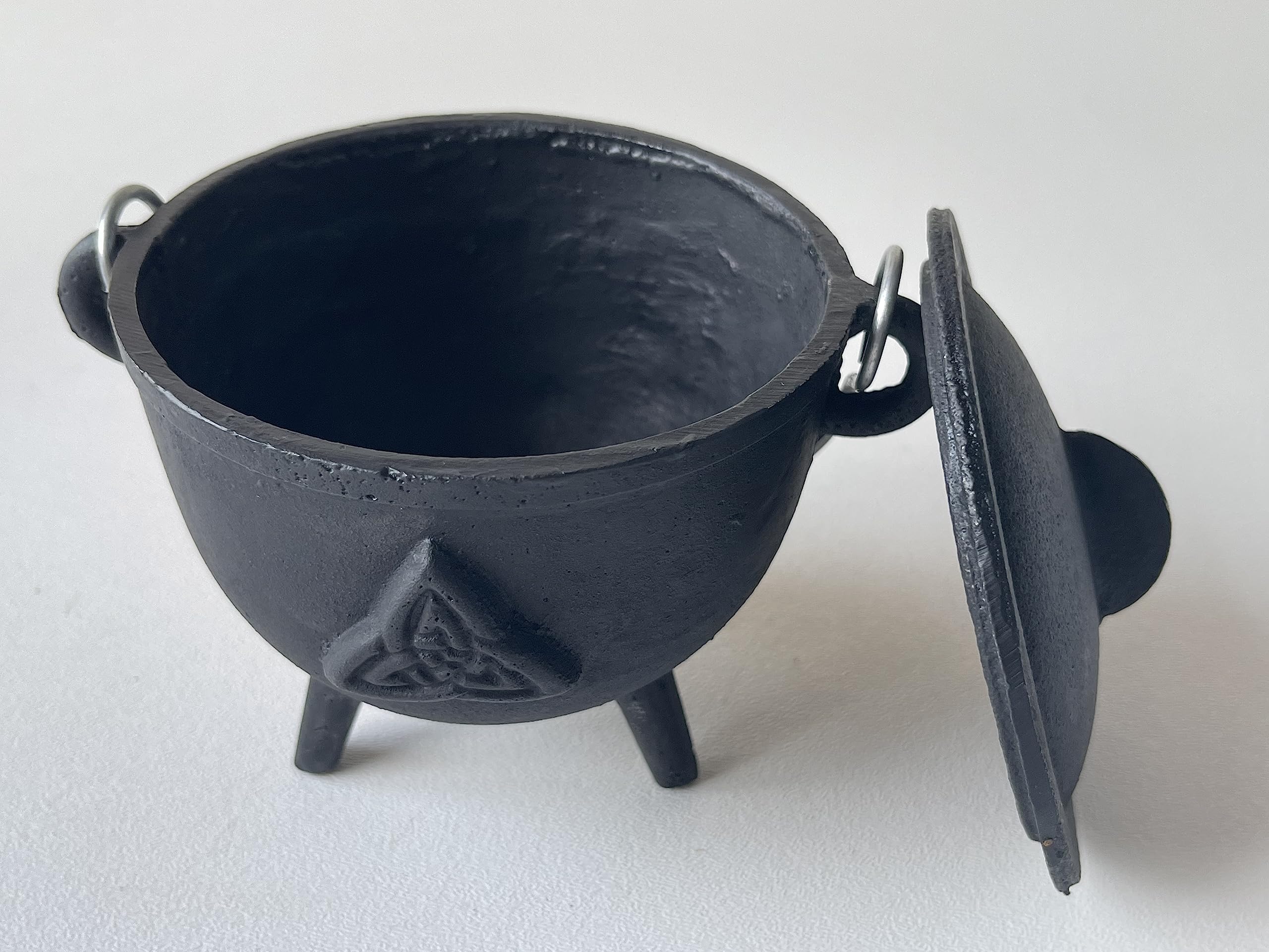 Triquetra Cast Iron Cauldron with Lid and Handle, Witches Cauldron, Great for Use with Charcoal Incense, Smudge Sage, 4.25"-4.5"