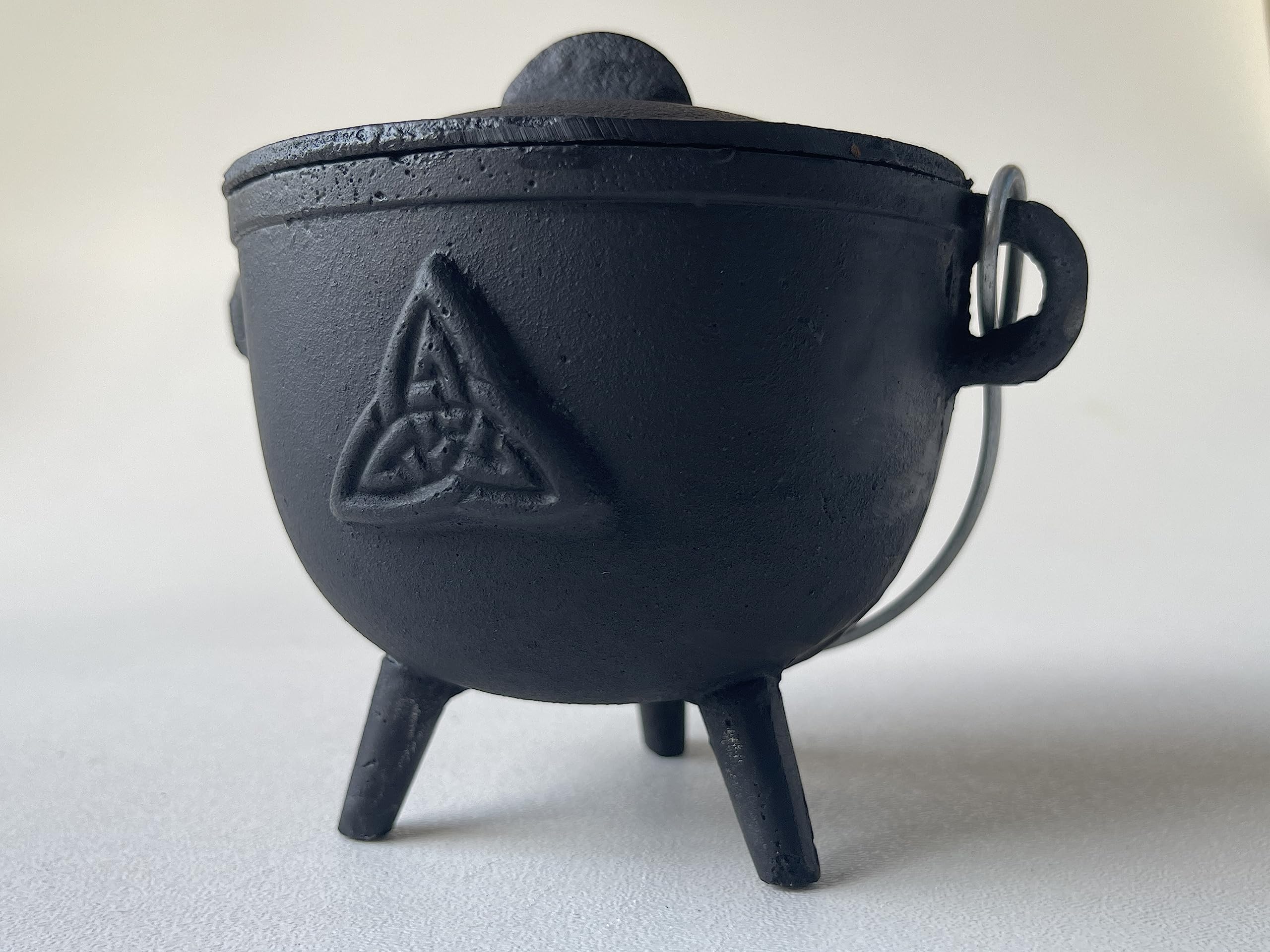 Triquetra Cast Iron Cauldron with Lid and Handle, Witches Cauldron, Great for Use with Charcoal Incense, Smudge Sage, 4.25"-4.5"