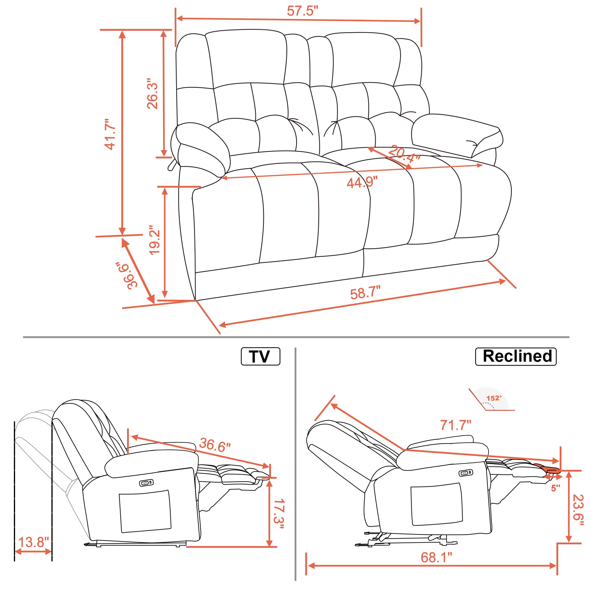 MCombo 58.7" Power Loveseat Recliner, Electric Reclining Loveseat Sofa with Heat and Massage, USB Charge Port for Living Room 6237 (Grey, Loveseat Recliner)