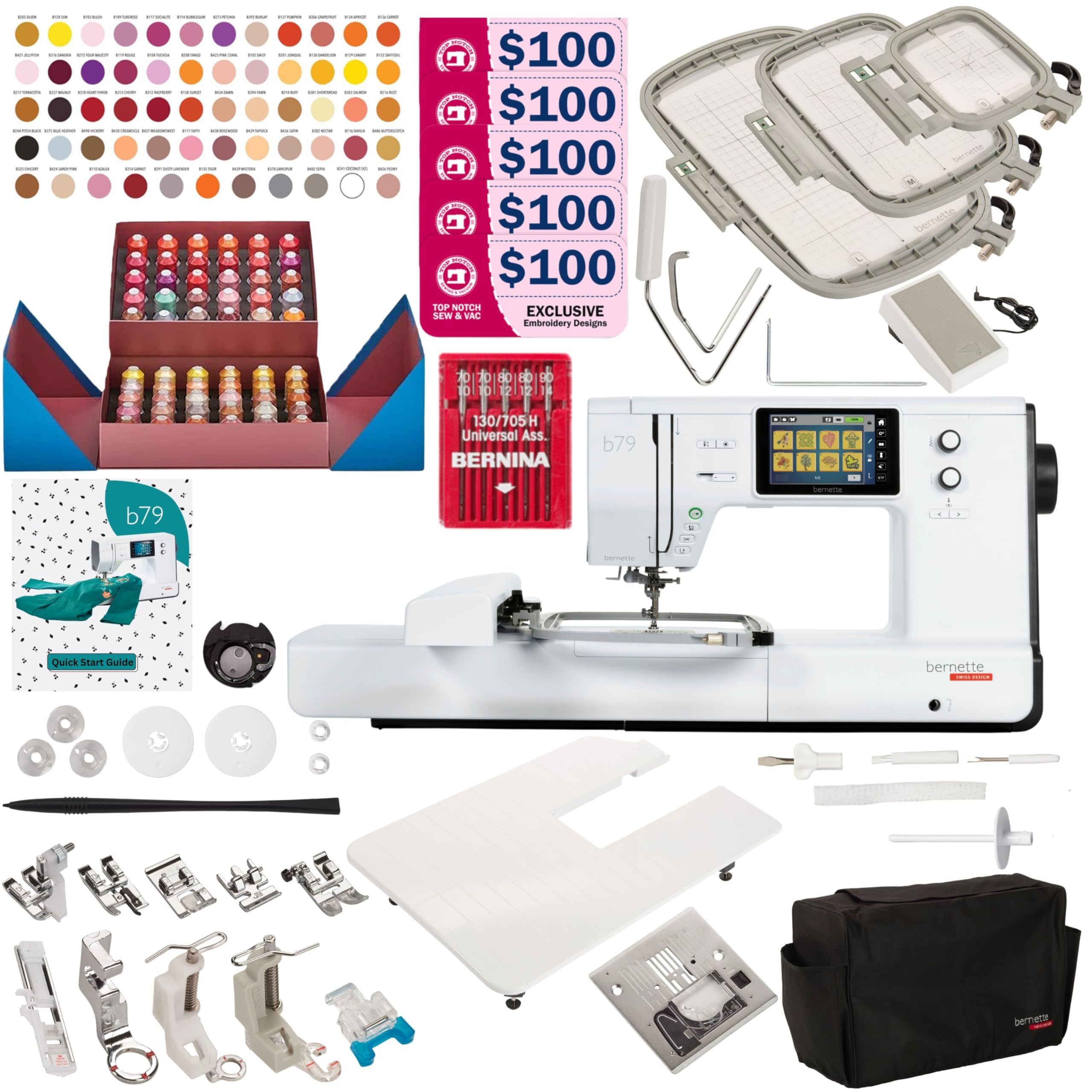 Bernette B79 Sewing & Embroidery Machine - Deluxe Embroidery Design Tools Bundle (Over $500 Embroidery Design Tools and 60 pcs Sunset Thread)