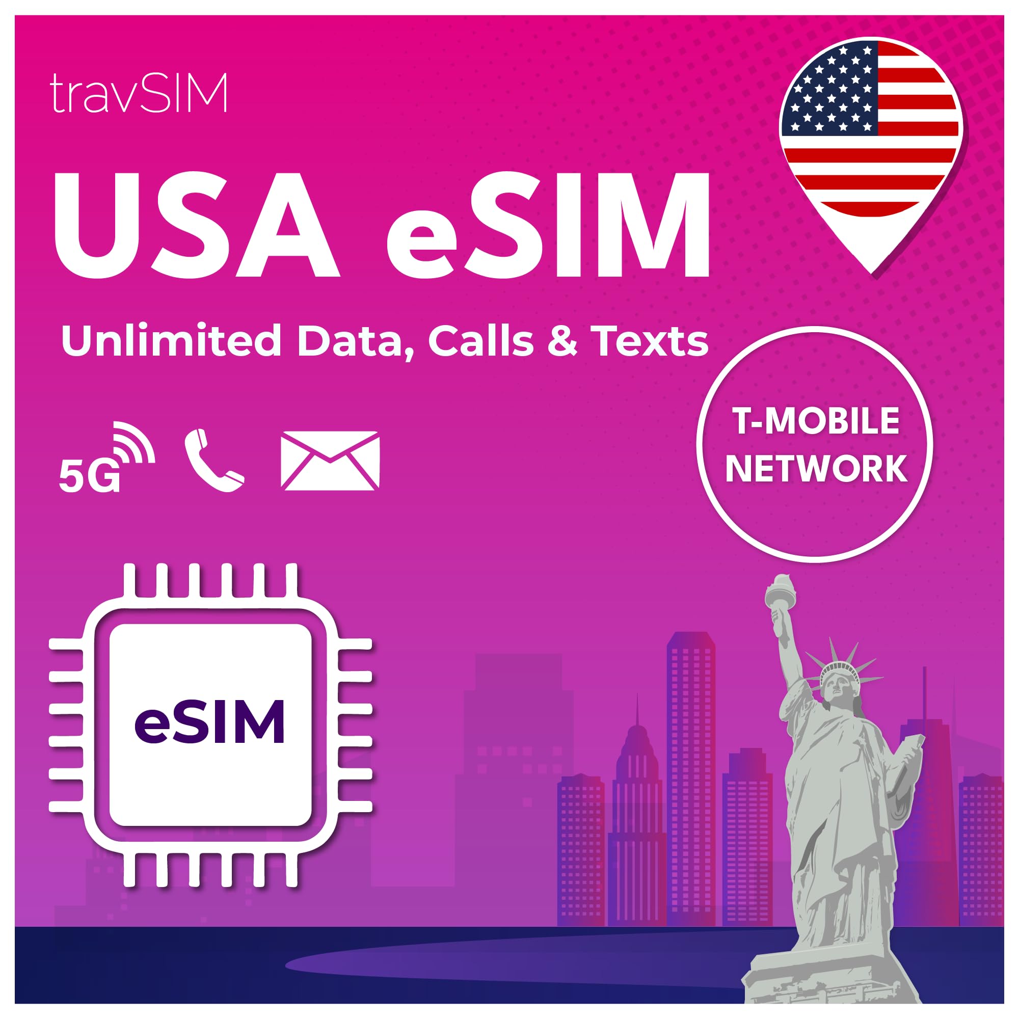 travSIM eSIM USA | T-Mobile Network | Unlimited Data, Calls & Texts in The USA | e SIM Card USA Works on eSIM Compatible iOS & Android Devices | eSIM Card USA 30 Days