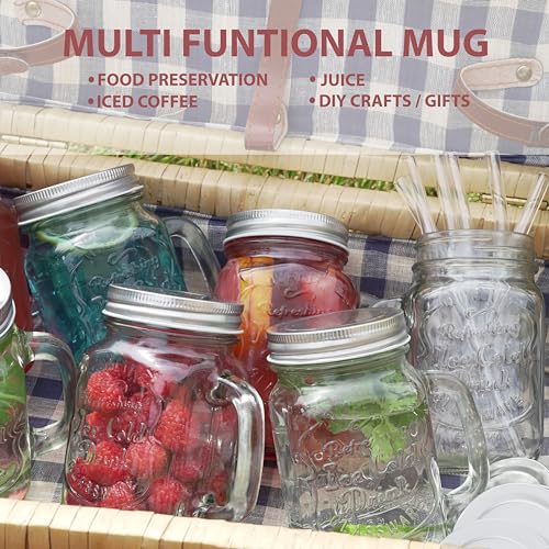 Pinkrella Mason Drinking Jars, 16 oz Glass Mugs Set of 6 with Handles, Airtight & Straw Lids, Glass Straws, Cleaning Brushes