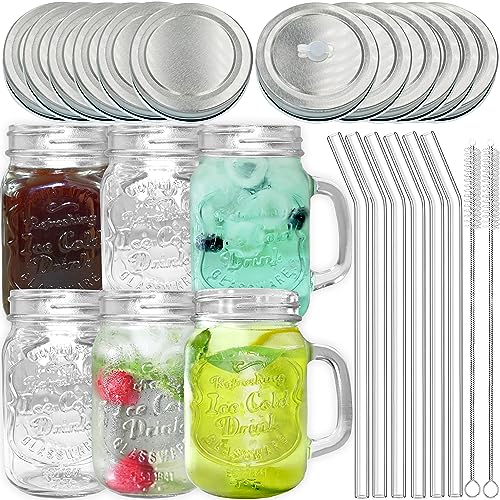 Pinkrella Mason Drinking Jars, 16 oz Glass Mugs Set of 6 with Handles, Airtight & Straw Lids, Glass Straws, Cleaning Brushes