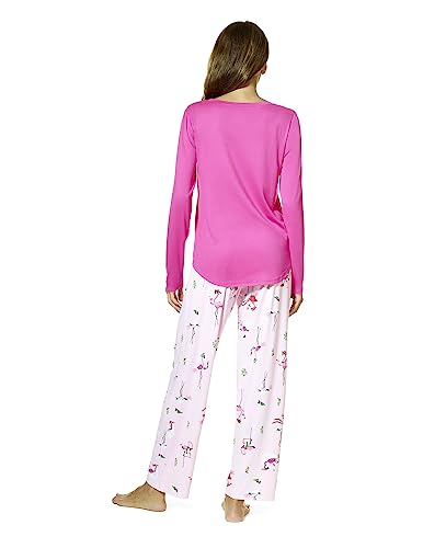 HUE Women's Plus Size Timeless Soft Jersey 3 Piece Pajama Set, Fuchsia Purple-Jolly Flamingo, 1X