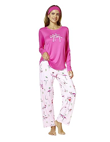 HUE Women's Plus Size Timeless Soft Jersey 3 Piece Pajama Set, Fuchsia Purple-Jolly Flamingo, 1X