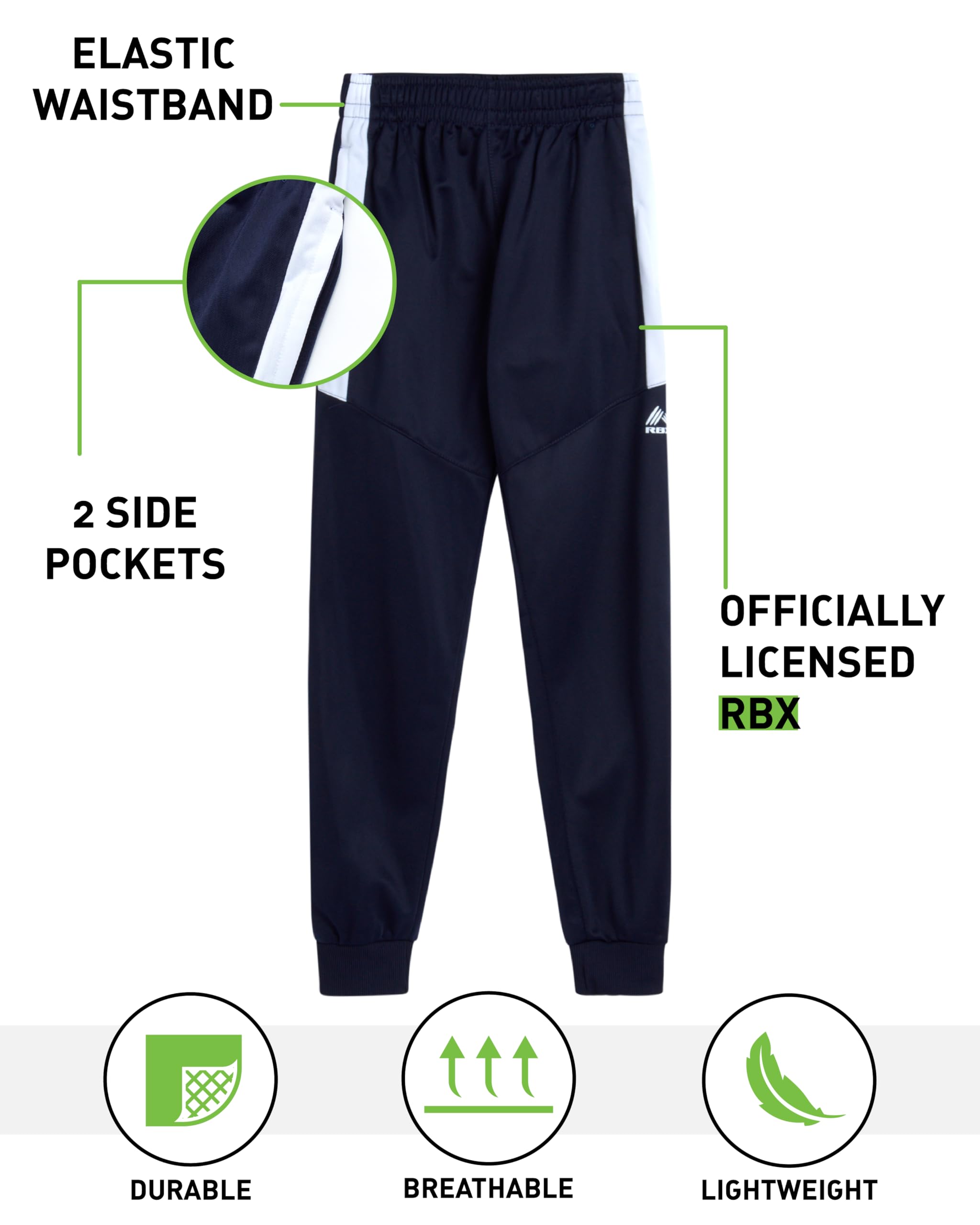 RBX Boys Sweatpants - 2 Pack Stretch Performance Tricot Activewear Boys Joggers Athletic Pants with Side Pockets (Size: 4-20), Size 14-16, Navy White