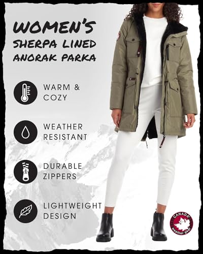 CANADA WEATHER GEAR Women's Winter Coat -Long Length Sherpa Lined Anorak Parka - Outerwear Windbreaker Jacket for Women, S-XL, Size Medium, Sage