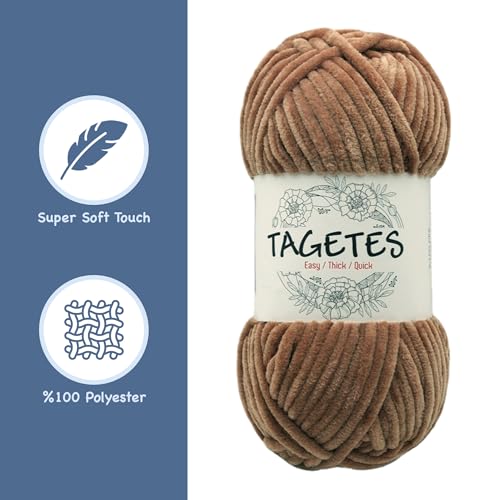 Tagetes Velvet Chenille Yarn (100 gr 132 yds x 2) 264 yds Baby Blanket Yarn, Amigurumi Yarn, Crochet and Knitting Yarn, Super Bulky, Soft, Chunky Yarn (Walnut)