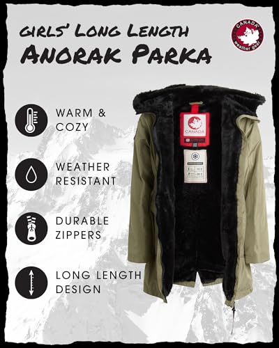 CANADA WEATHER GEAR Girls’ Winter Coat - Long Length Sherpa Lined Anorak Parka - Outerwear Jacket for Girls (7-16), Size 7/8, Sage