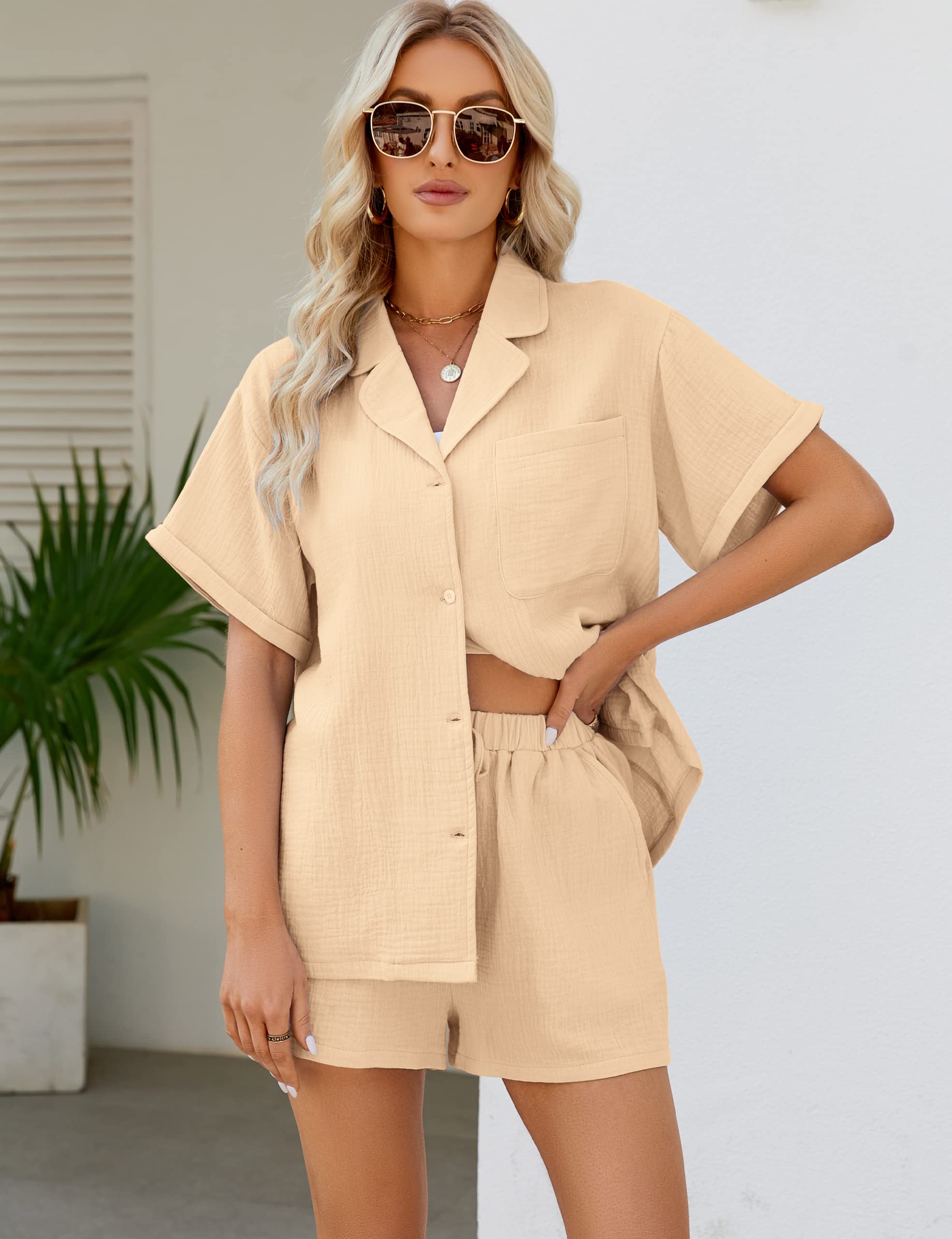 Flygo Women's 2 Piece Shirts Sets Short Sleeve Summer Casual Linen Shirt Elastic Waist Short Sets Outfits(Ginger-XL)