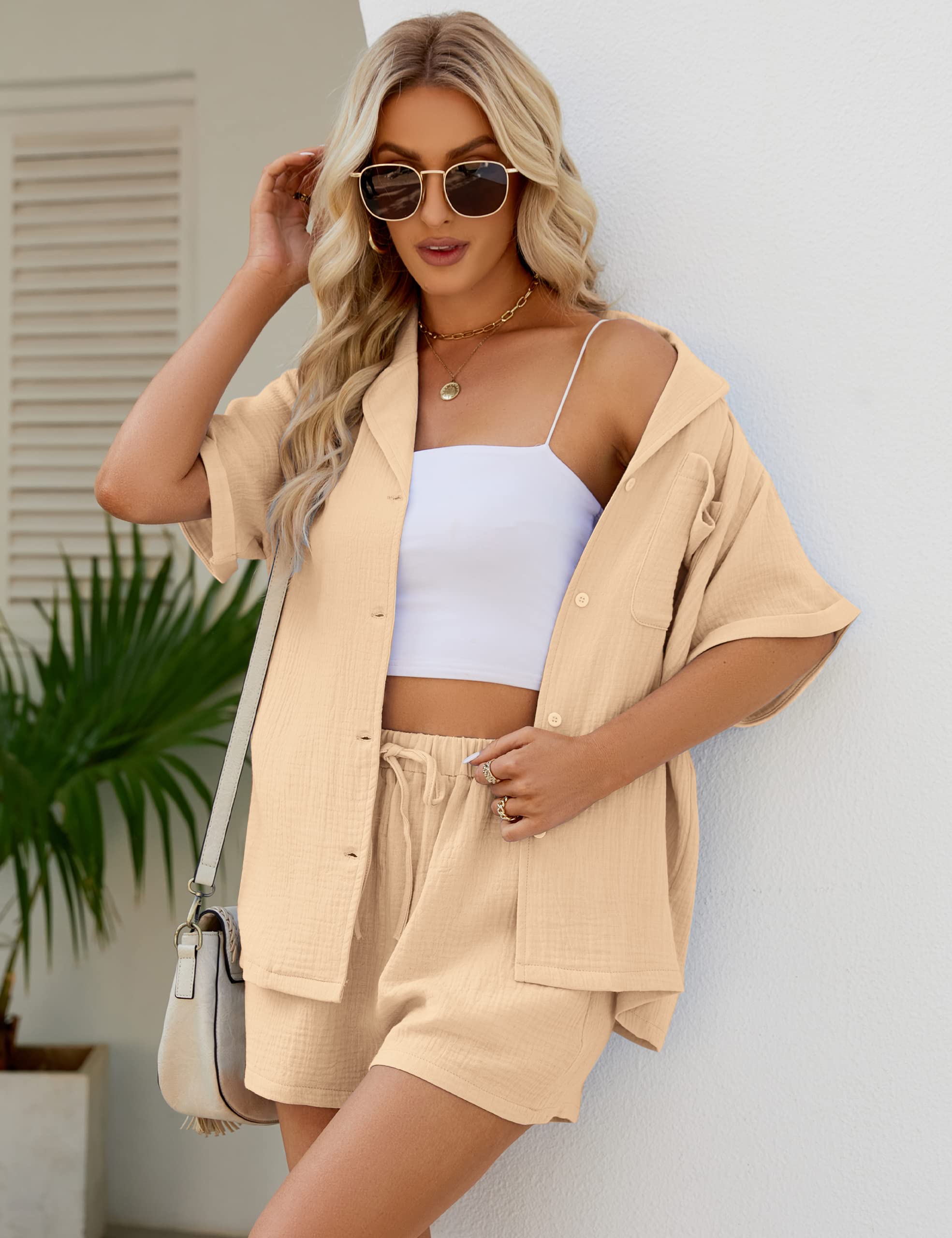 Flygo Women's 2 Piece Shirts Sets Short Sleeve Summer Casual Linen Shirt Elastic Waist Short Sets Outfits(Ginger-XL)