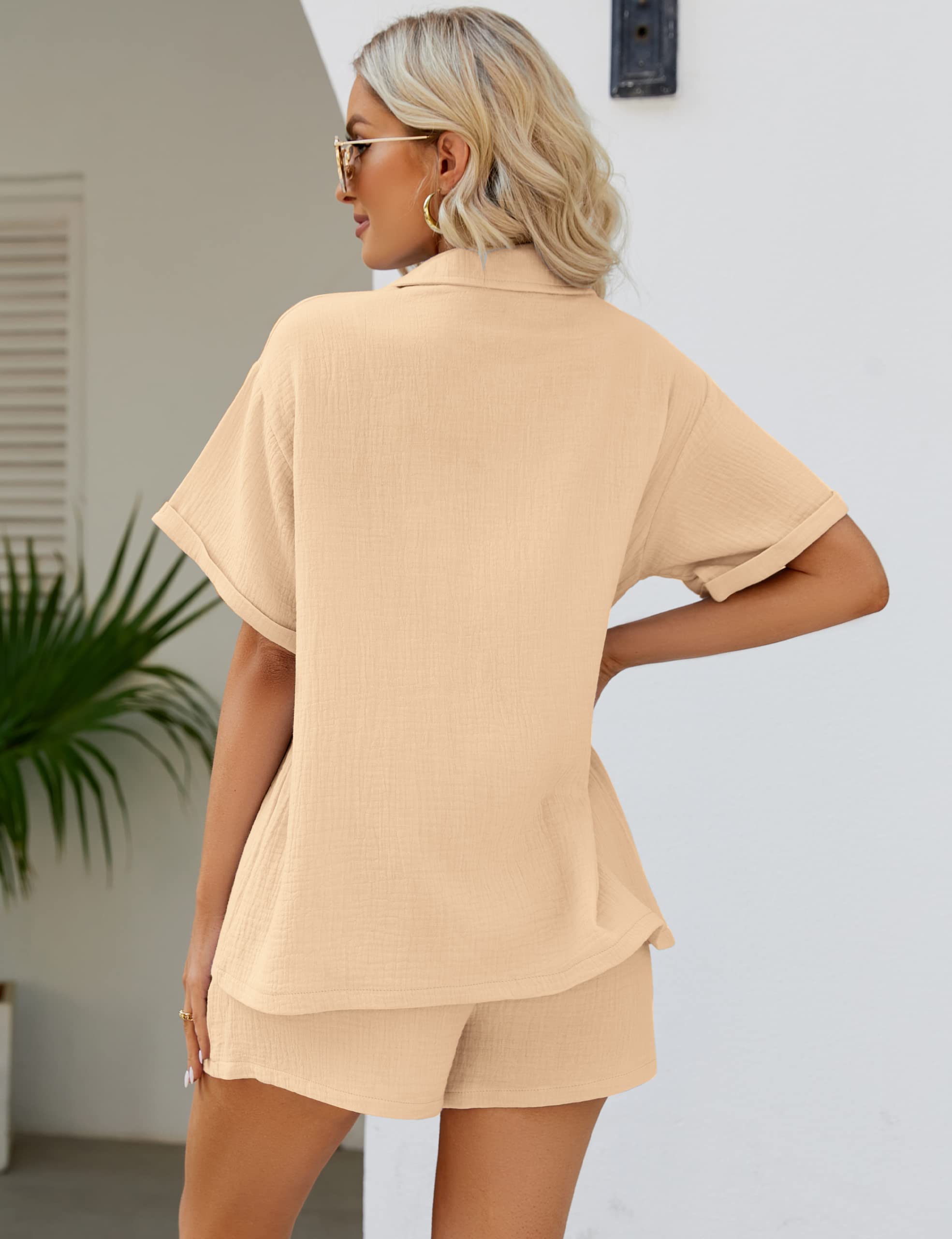 Flygo Women's 2 Piece Shirts Sets Short Sleeve Summer Casual Linen Shirt Elastic Waist Short Sets Outfits(Ginger-XL)