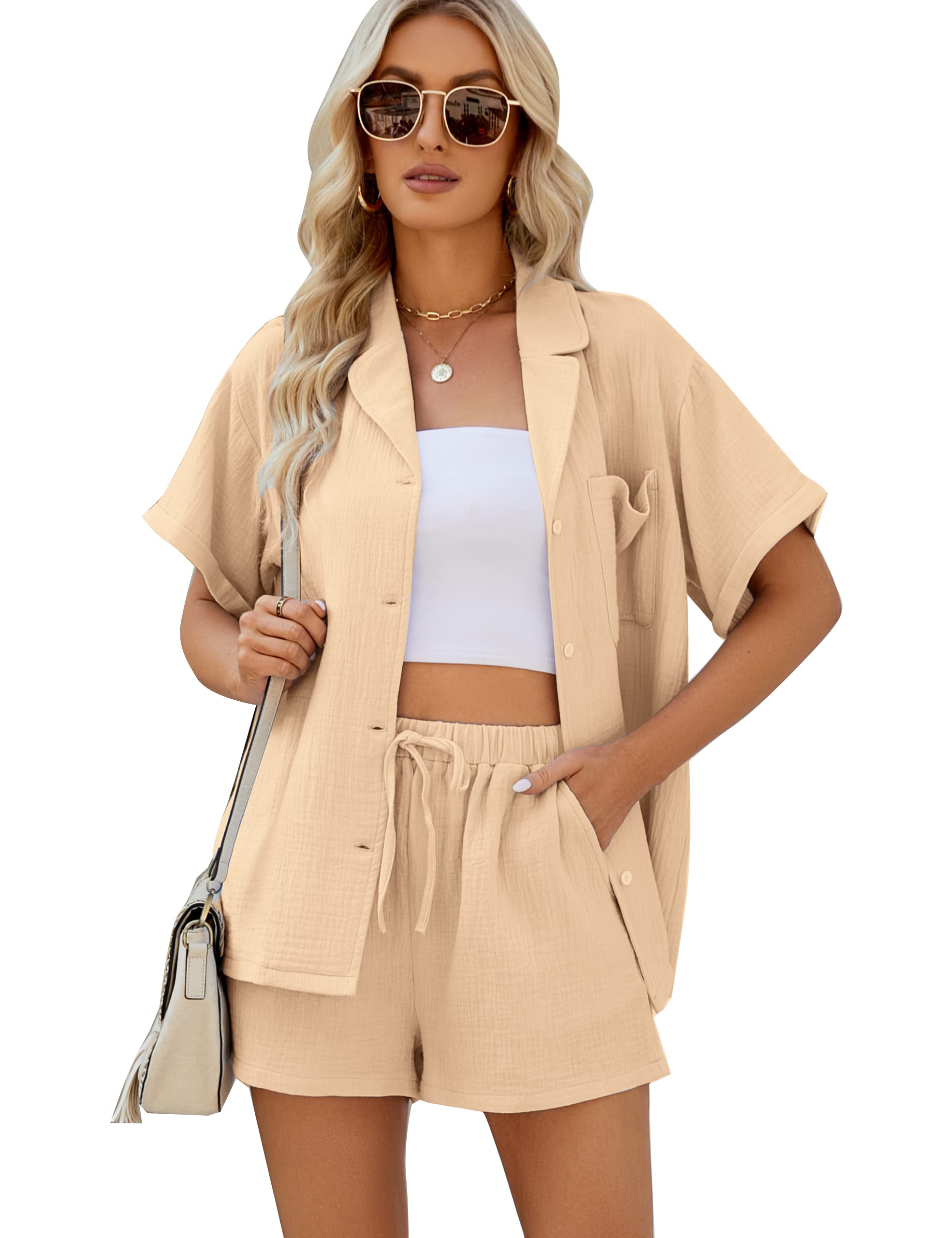Flygo Women's 2 Piece Shirts Sets Short Sleeve Summer Casual Linen Shirt Elastic Waist Short Sets Outfits(Ginger-XL)