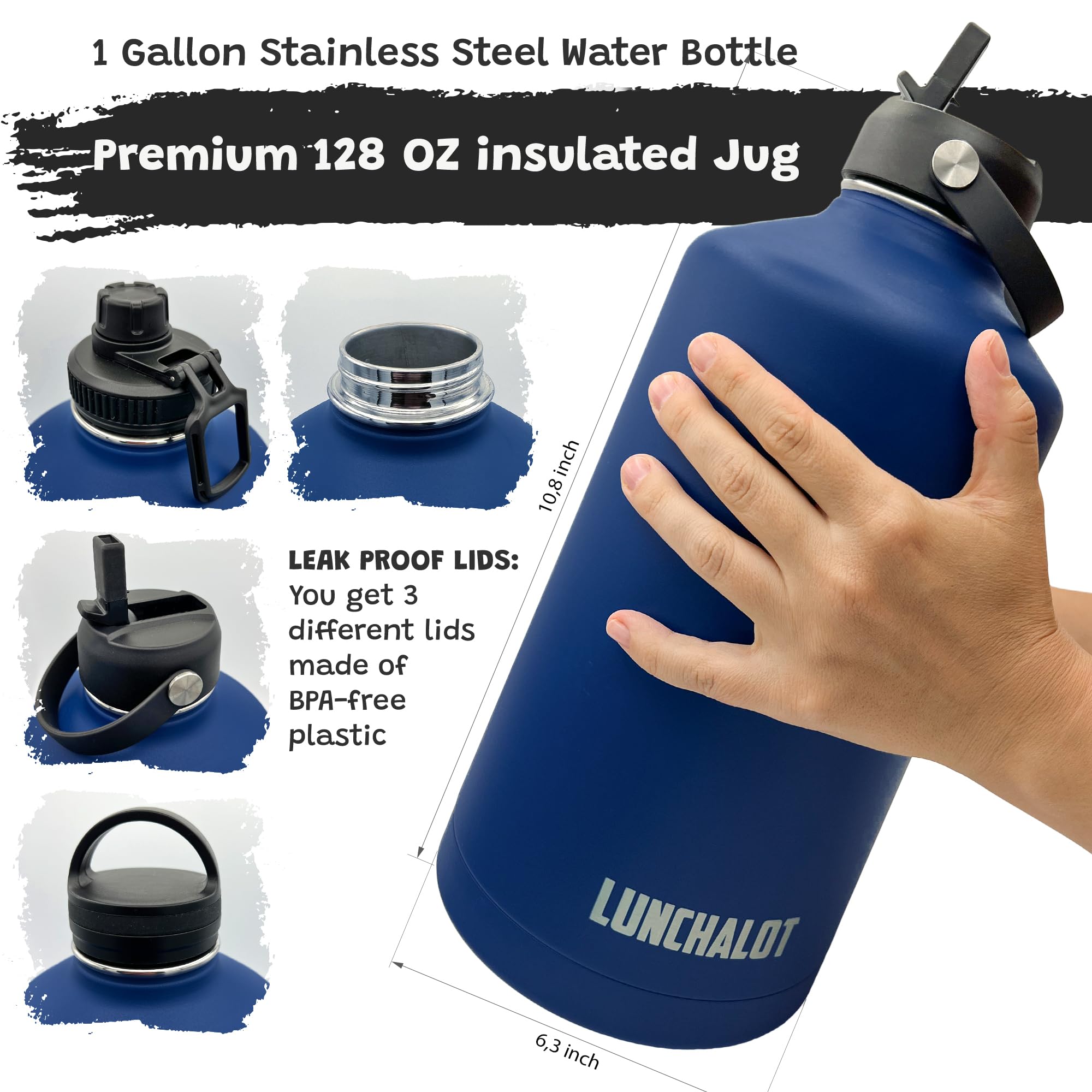LUNCHALOT 1 Gallon Water Bottle Jug - 128 Oz Insulated Stainless Steel Metal Water Bottle with Holder - Carrying Bag - Spout Handle - Straw Lids - Keep Cold & Hot - Blue Tactical Flask