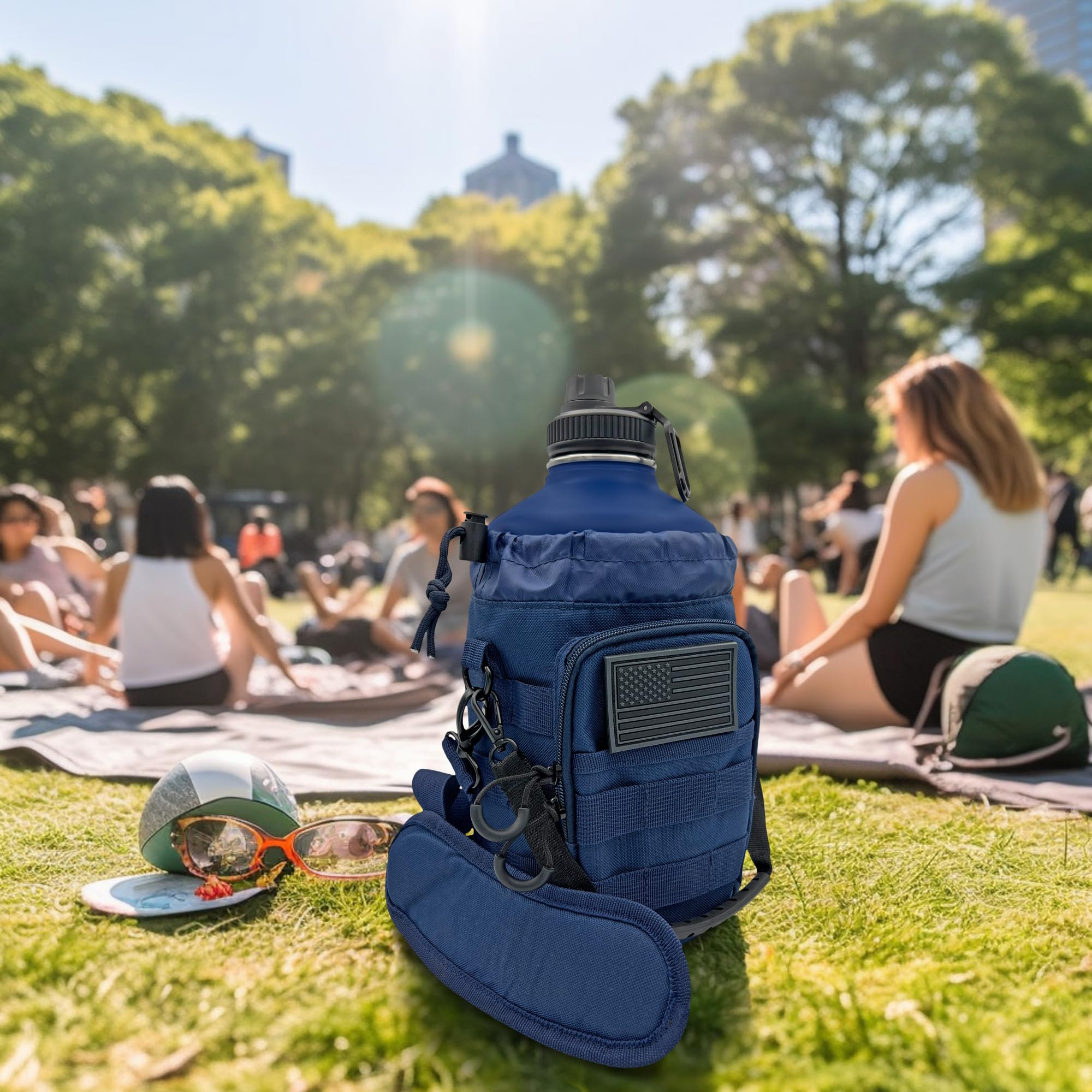 LUNCHALOT 1 Gallon Water Bottle Jug - 128 Oz Insulated Stainless Steel Metal Water Bottle with Holder - Carrying Bag - Spout Handle - Straw Lids - Keep Cold & Hot - Blue Tactical Flask