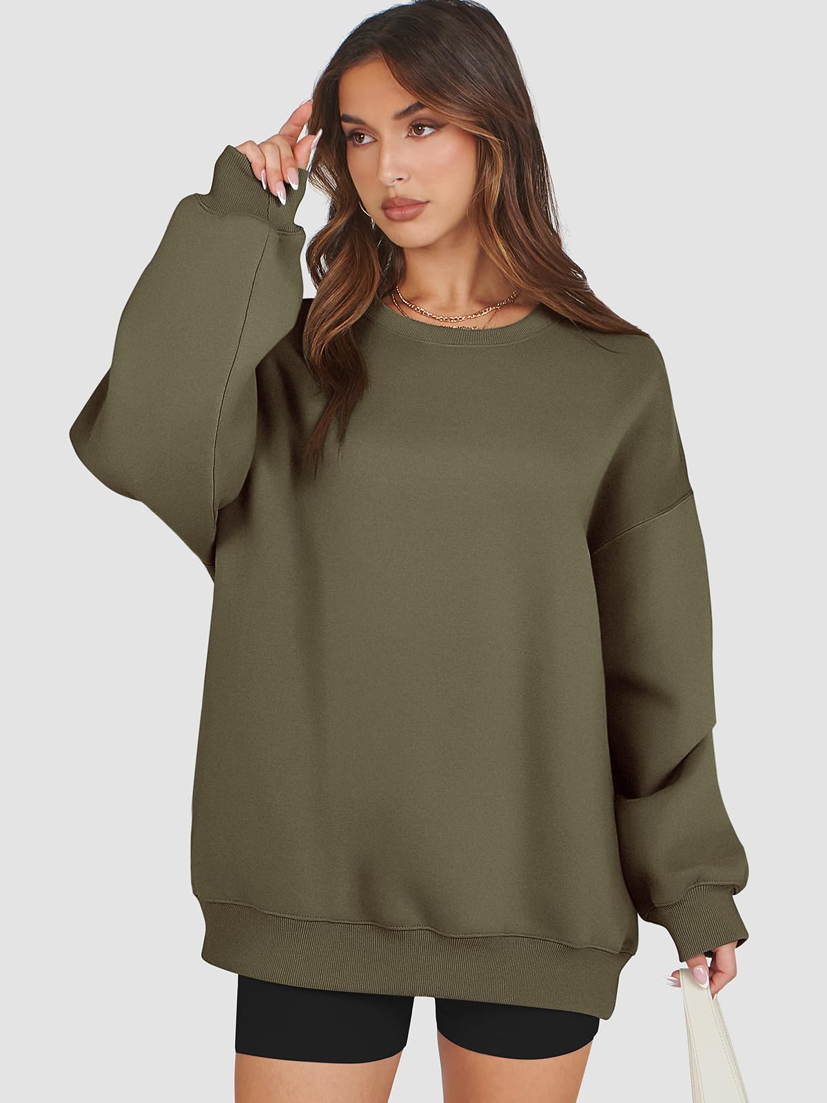ATHMILE Oversized Sweatshirt for Women Crewneck Fleece Long Sleeve Pullover Hoodies Tops Fall Fashion Outfits 2025 Clothes-L Armygreen