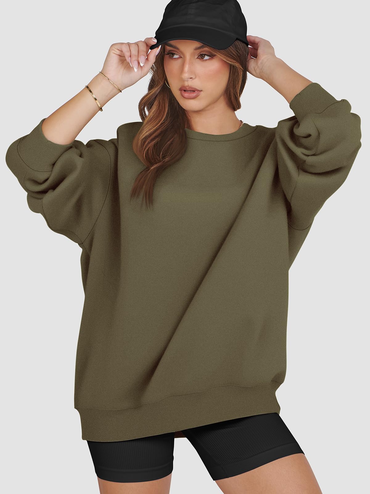 ATHMILE Oversized Sweatshirt for Women Crewneck Fleece Long Sleeve Pullover Hoodies Tops Fall Fashion Outfits 2025 Clothes-L Armygreen