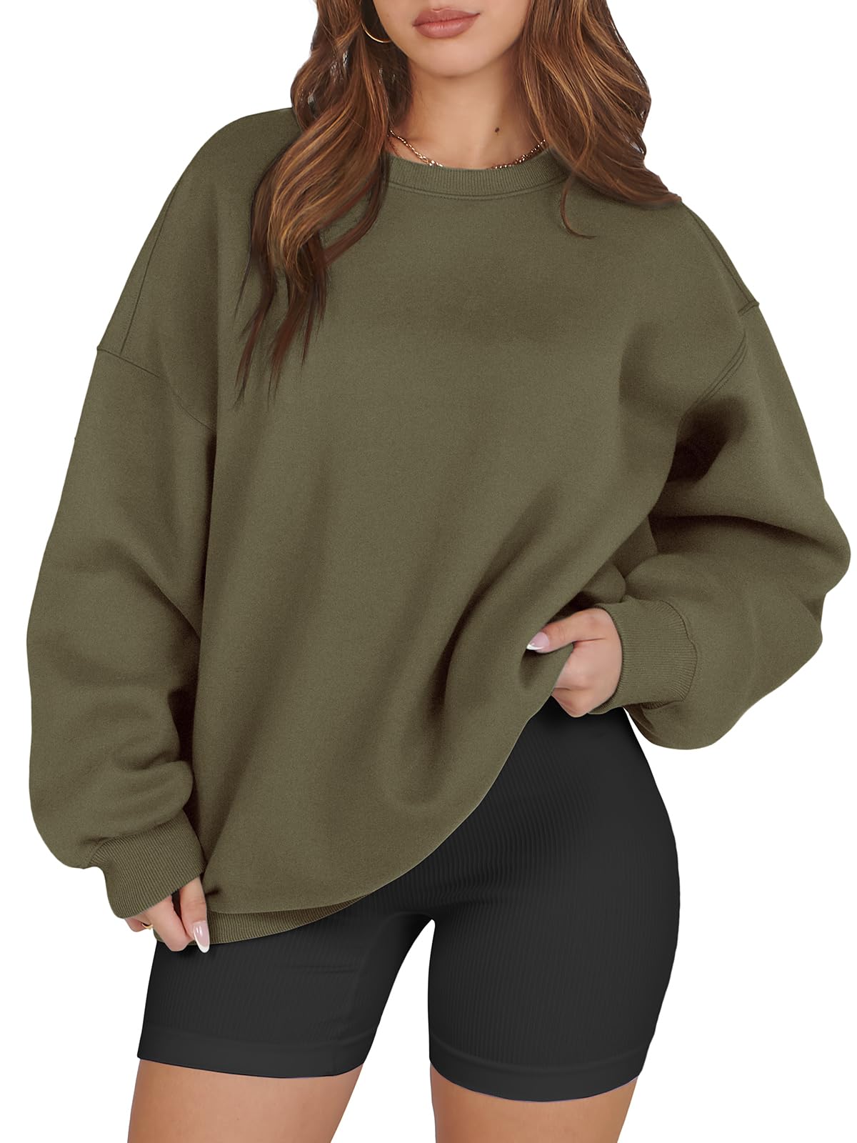 ATHMILE Oversized Sweatshirt for Women Crewneck Fleece Long Sleeve Pullover Hoodies Tops Fall Fashion Outfits 2025 Clothes-L Armygreen