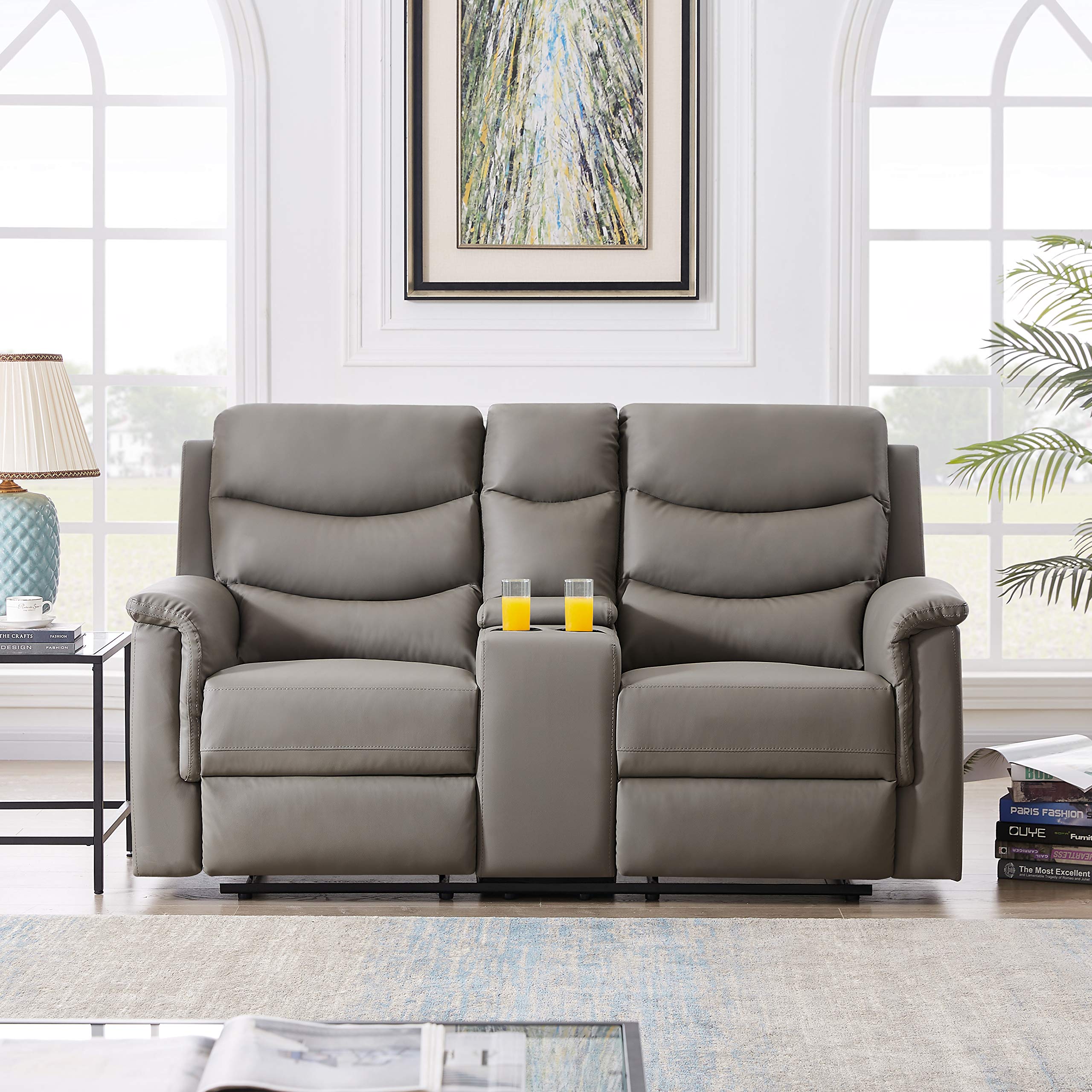 Eafurn Faux Leather Double Recliner Loveseat Console, 2 Seater Love Home Theater Seating RV Furniture,Pillow Top Armrest Manual Recliling Sofa & Couches with Storage & Cup Holders, Grey