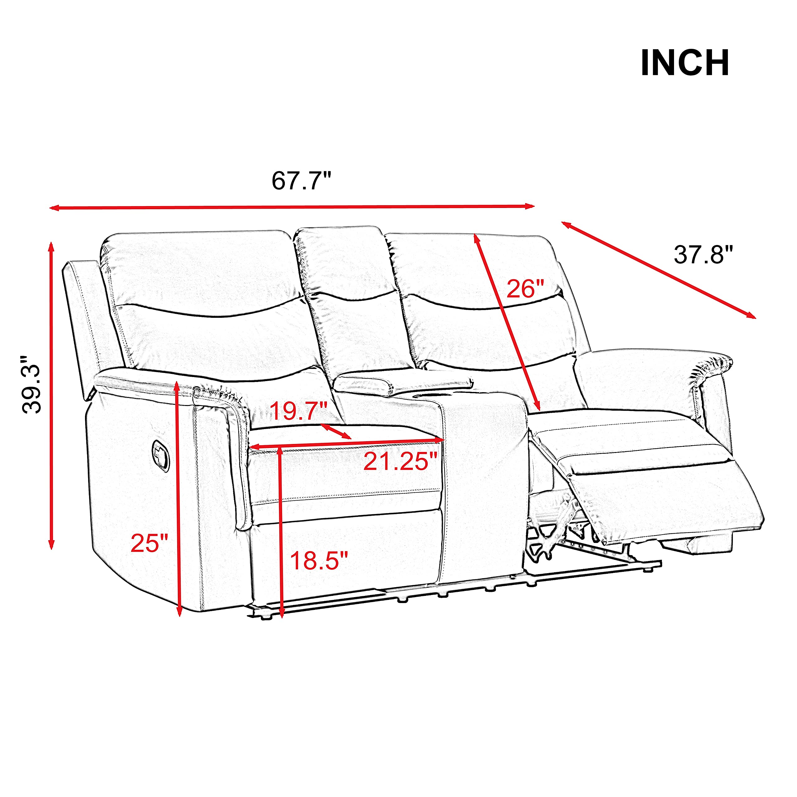 Eafurn Faux Leather Double Recliner Loveseat Console, 2 Seater Love Home Theater Seating RV Furniture,Pillow Top Armrest Manual Recliling Sofa & Couches with Storage & Cup Holders, Grey