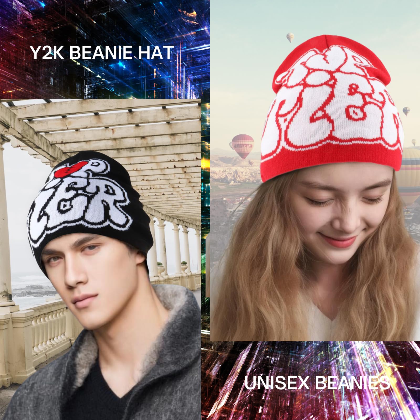 CORIRESHA Men Women Letter Graphic Y2k Beanie Knitted Hats Warm Winter Outdoor Caps Black White