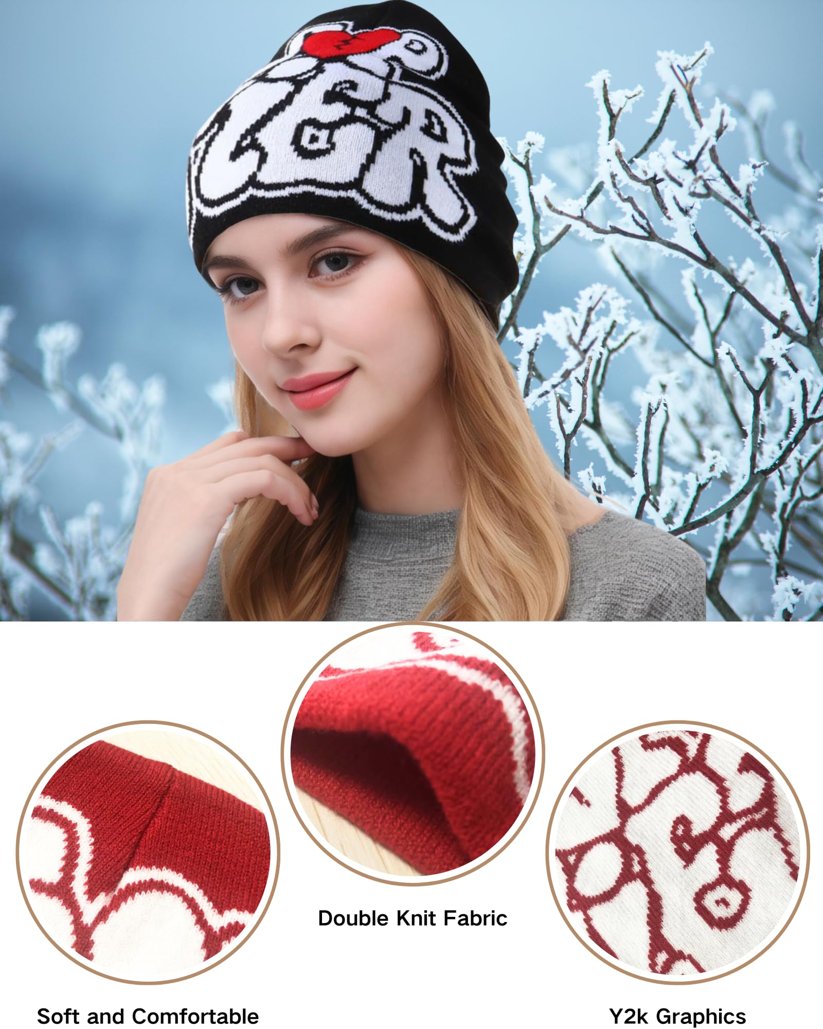 CORIRESHA Men Women Letter Graphic Y2k Beanie Knitted Hats Warm Winter Outdoor Caps Black White
