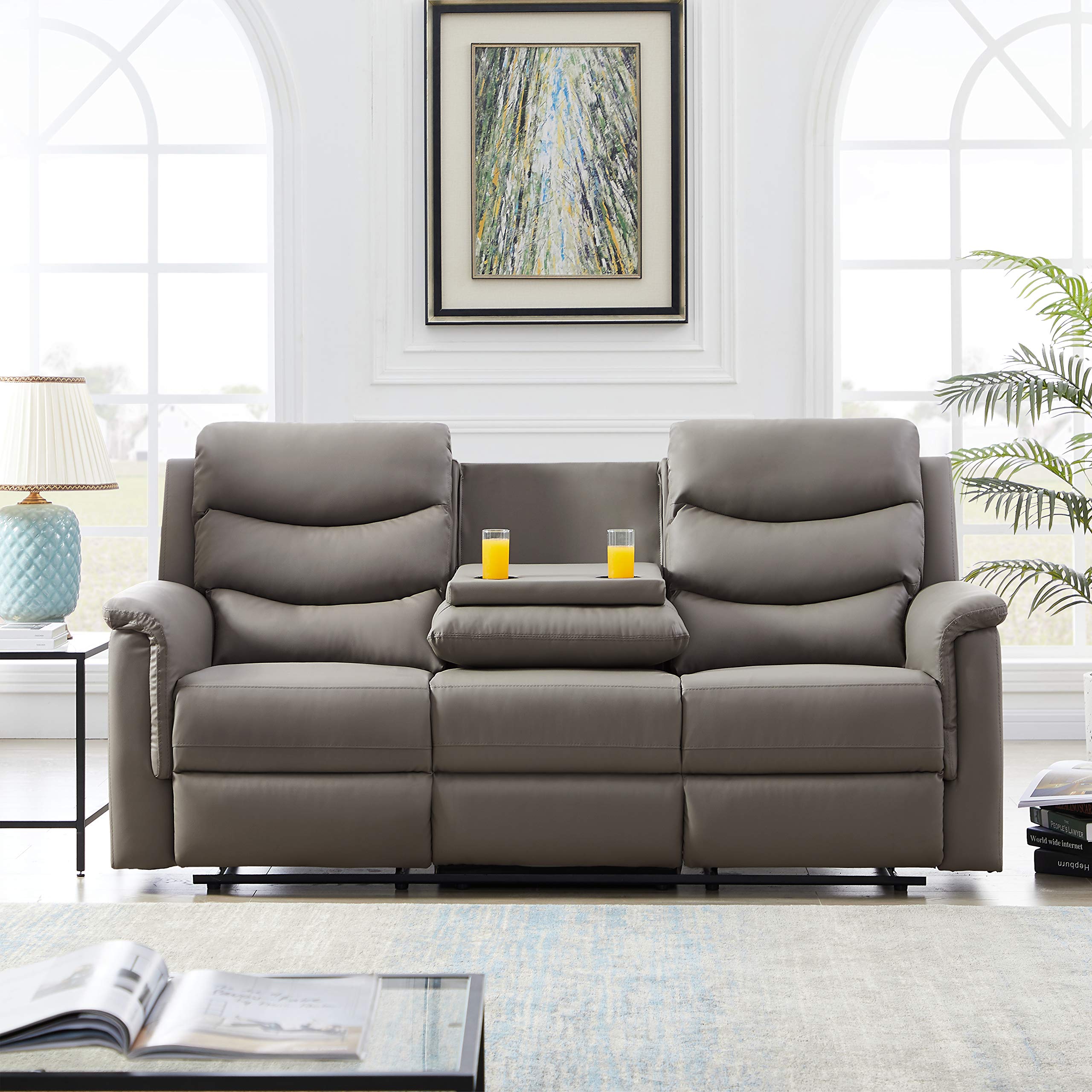Faux Leather Double Recliner Loveseat Sofa with Console,3-Seater Home Theater Seating RV Furniture w/Drop-Down Table,Pillow Top Armrest Manual Recliling Sofa & Couches with Storage & Cup Holders