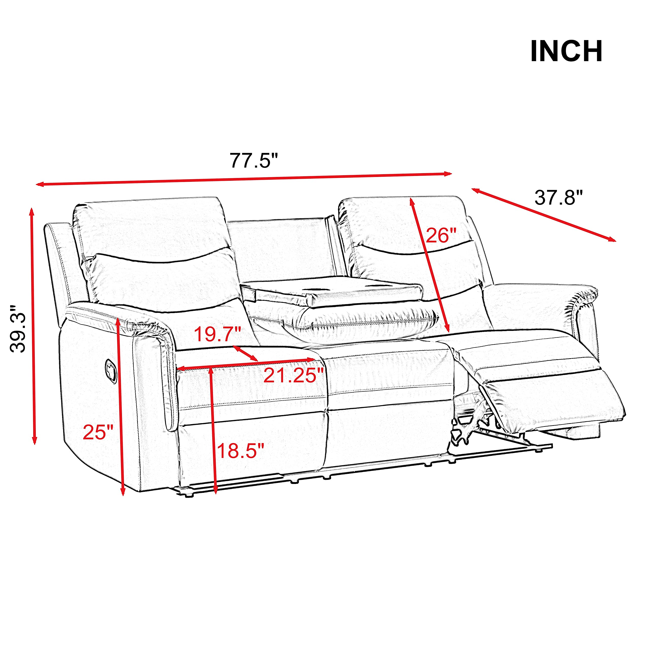 Faux Leather Double Recliner Loveseat Sofa with Console,3-Seater Home Theater Seating RV Furniture w/Drop-Down Table,Pillow Top Armrest Manual Recliling Sofa & Couches with Storage & Cup Holders