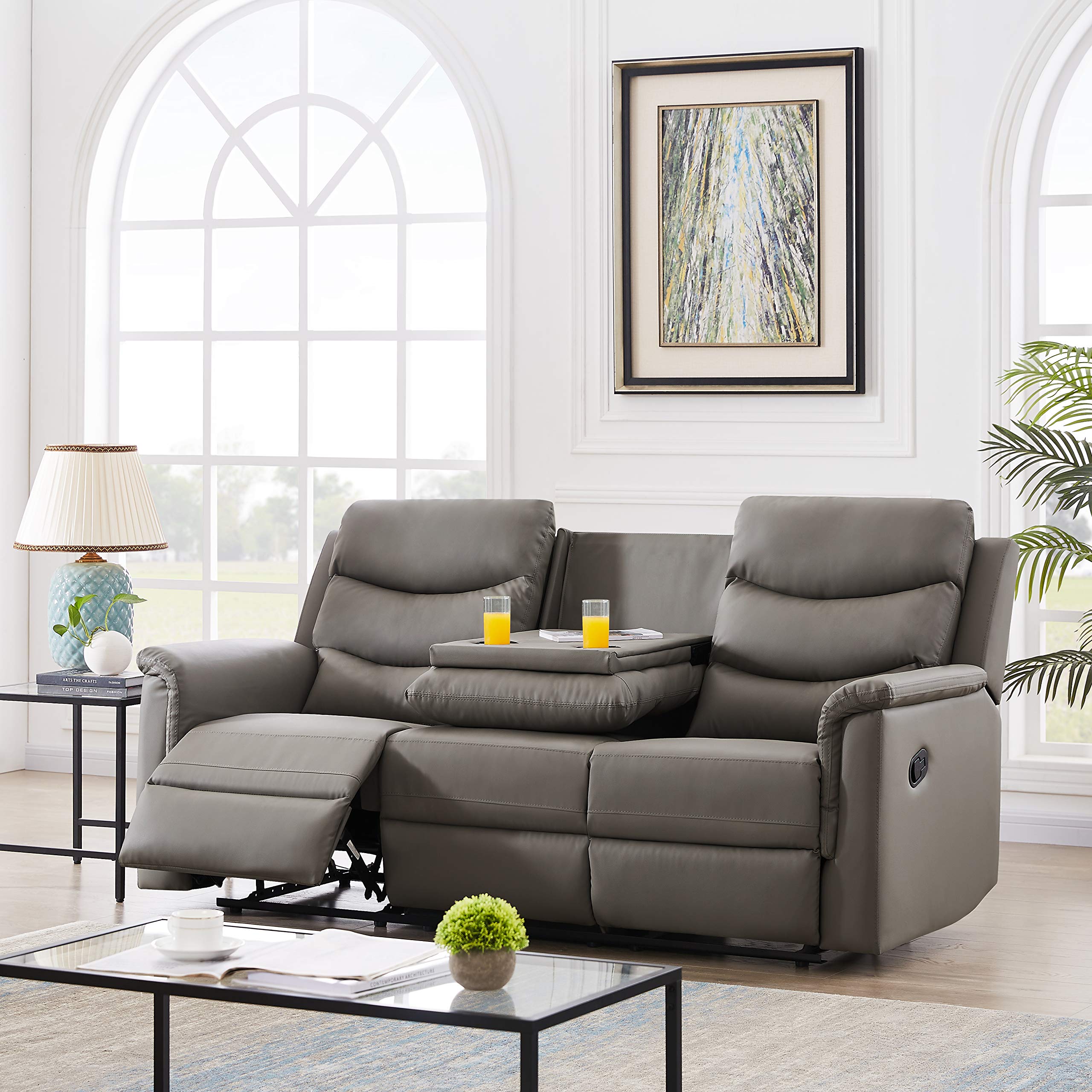 Faux Leather Double Recliner Loveseat Sofa with Console,3-Seater Home Theater Seating RV Furniture w/Drop-Down Table,Pillow Top Armrest Manual Recliling Sofa & Couches with Storage & Cup Holders