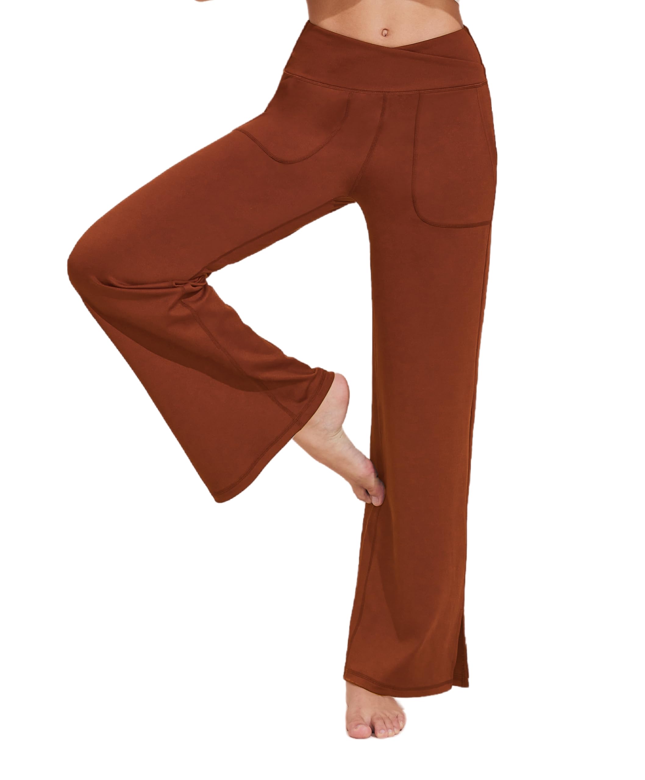 PINSPARK Womens Wide Leg Pants Cross High Waist High Stretch Dress Pants with 2 Pockets Elegant Side Slit for Yoga Casual Work WineRed